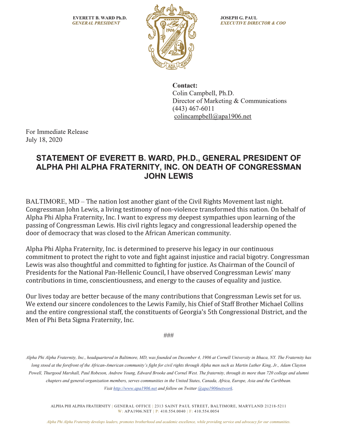 Alpha Phi Alpha's General President Everett B. Ward Issues Statement on ...